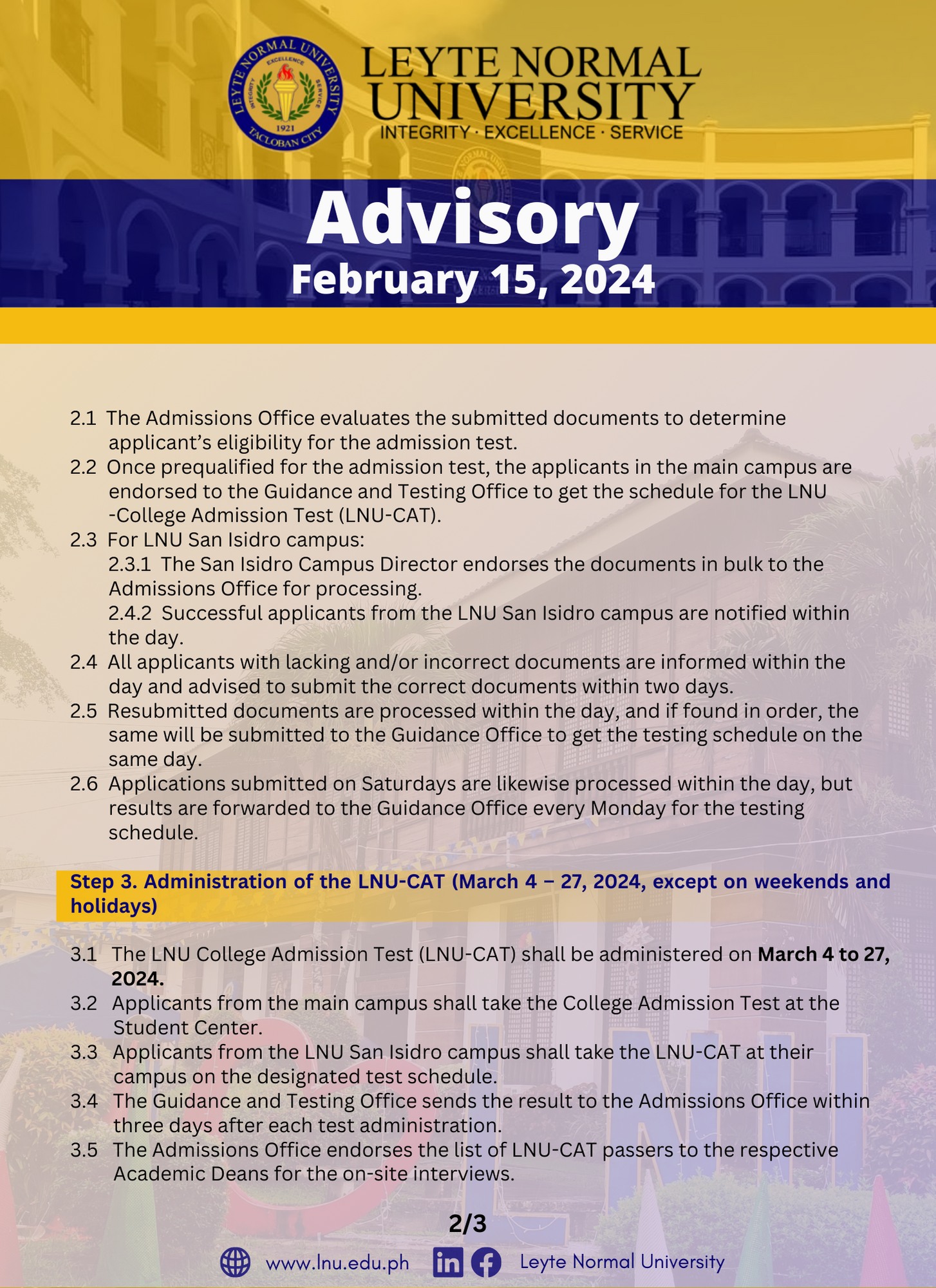 LNU Opens Freshmen Admission for A.Y. 2024-2025 | Leyte Normal University